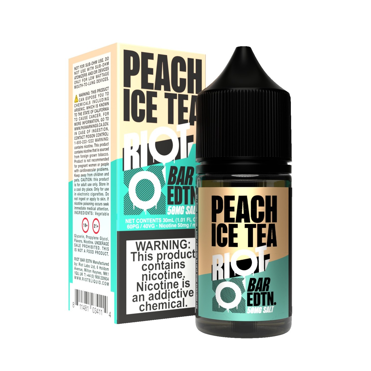 Riot Bar EDTN Salt - Peach Ice Tea 30mL, riot bar edition