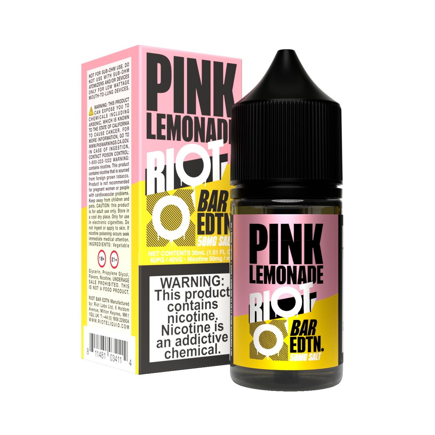 Riot Bar EDTN Salt - Pink Lemonade 30mL, riot bar edition