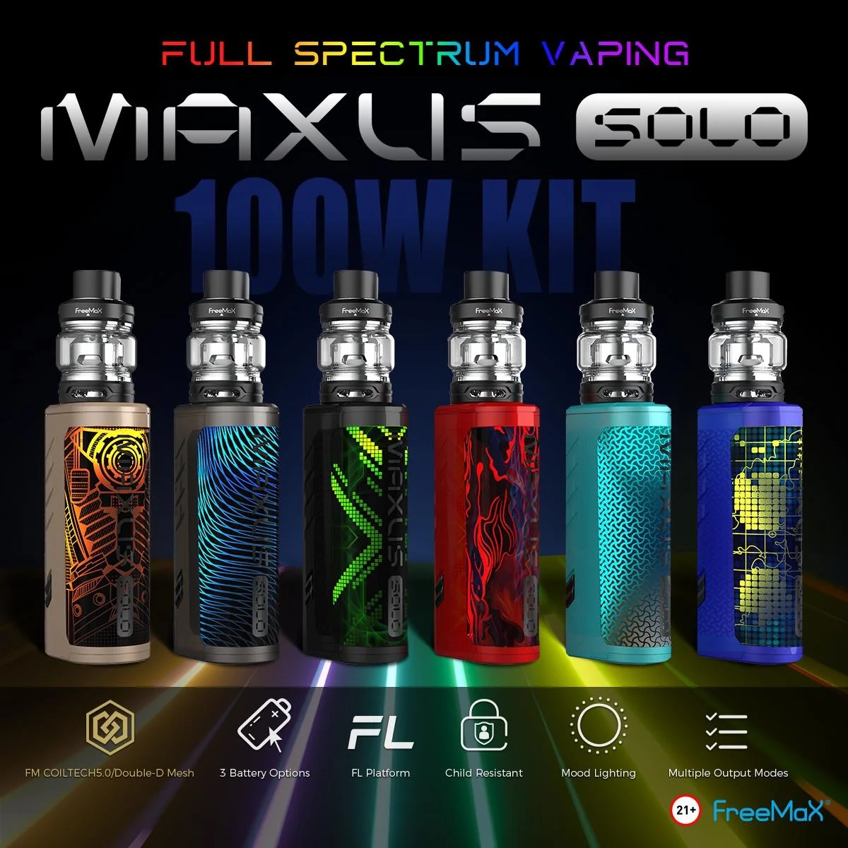 FreeMax MAXUS Solo 100W Kit, fireluke solo tank, fl mesh coil 5pk ...