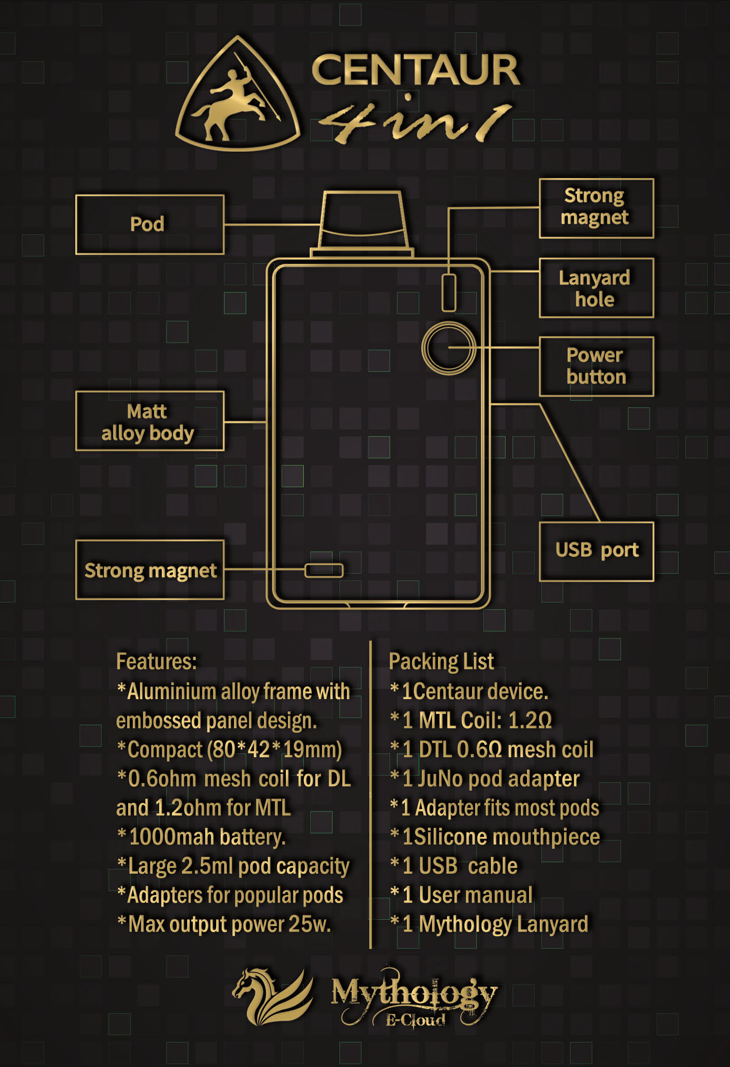 Centaur 4-in-1 Pod System by Mythology E-Cloud, compatible